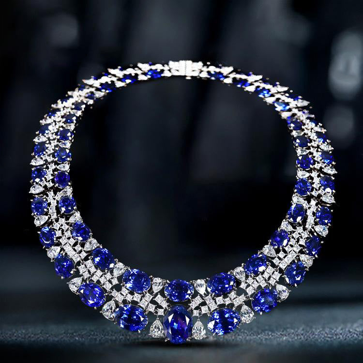 Limited edition：Royal Blue Oval shape Luxury evening necklace ...