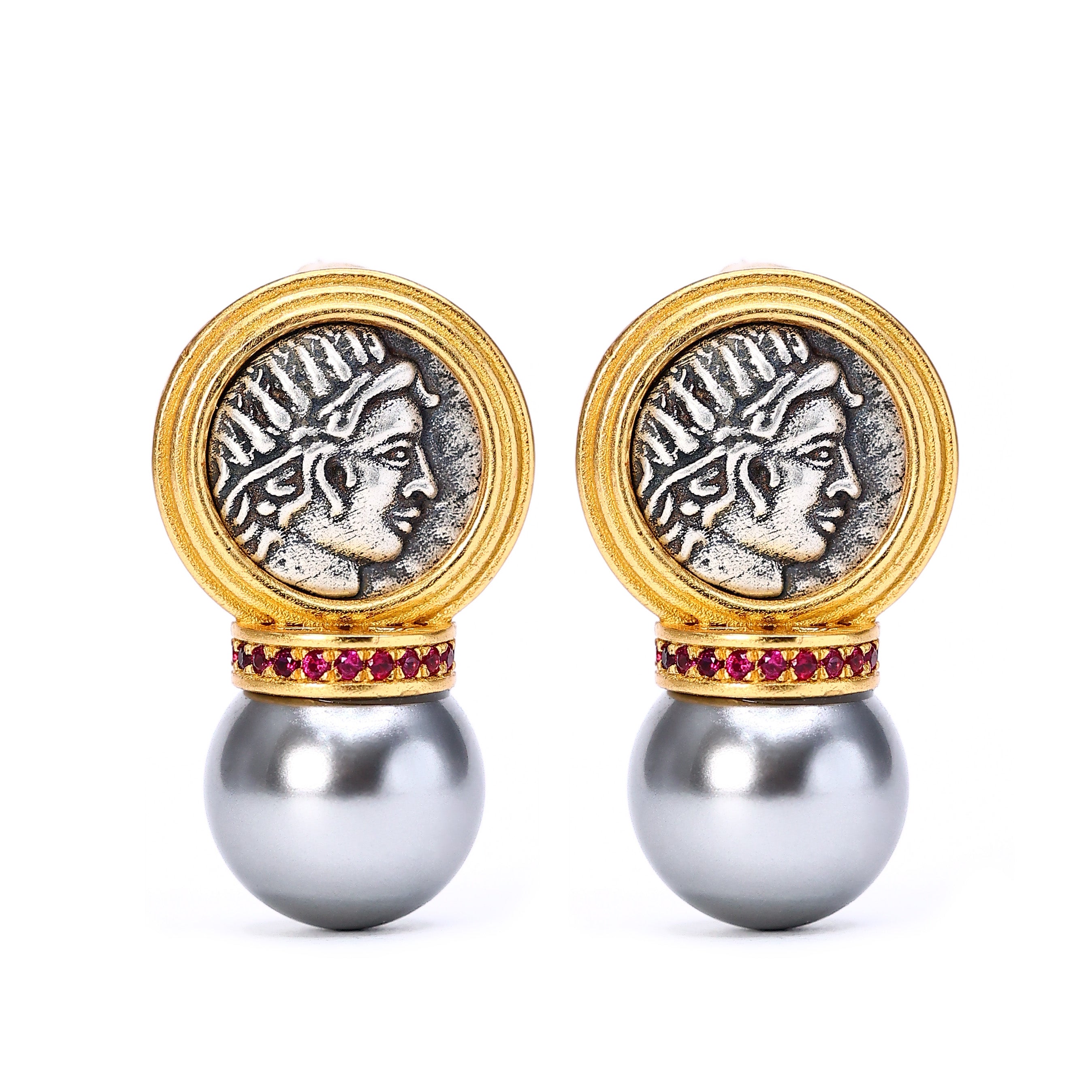 Micro-setting two-sided ancient coin Apollo earrings, sterling silver ...