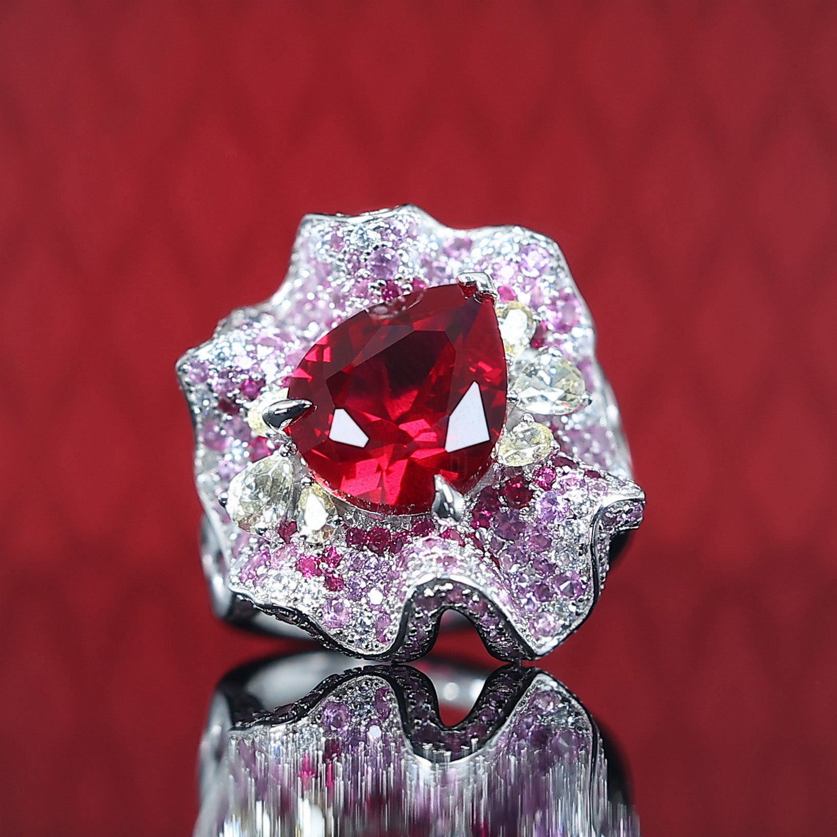 Micro-setting Lab created stones artistic rose flower ring, sterling s ...