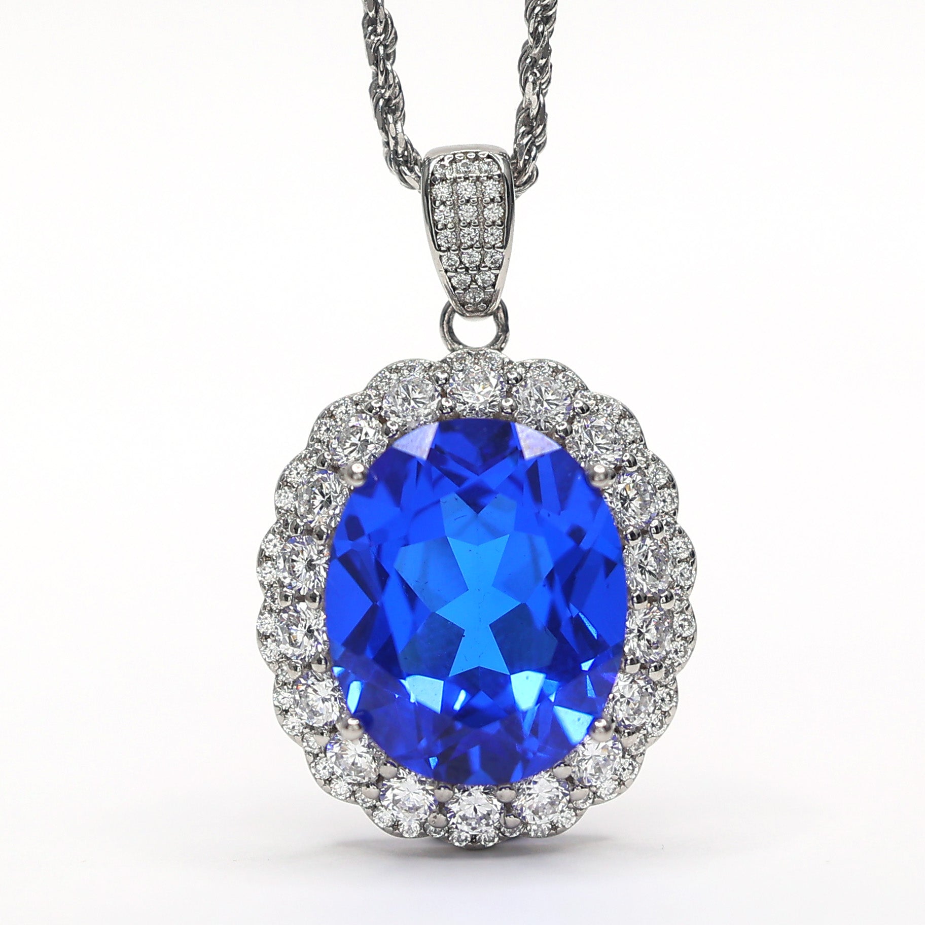 Micro-setting Royal blue color Lab created stones pigeon egg shape nec ...