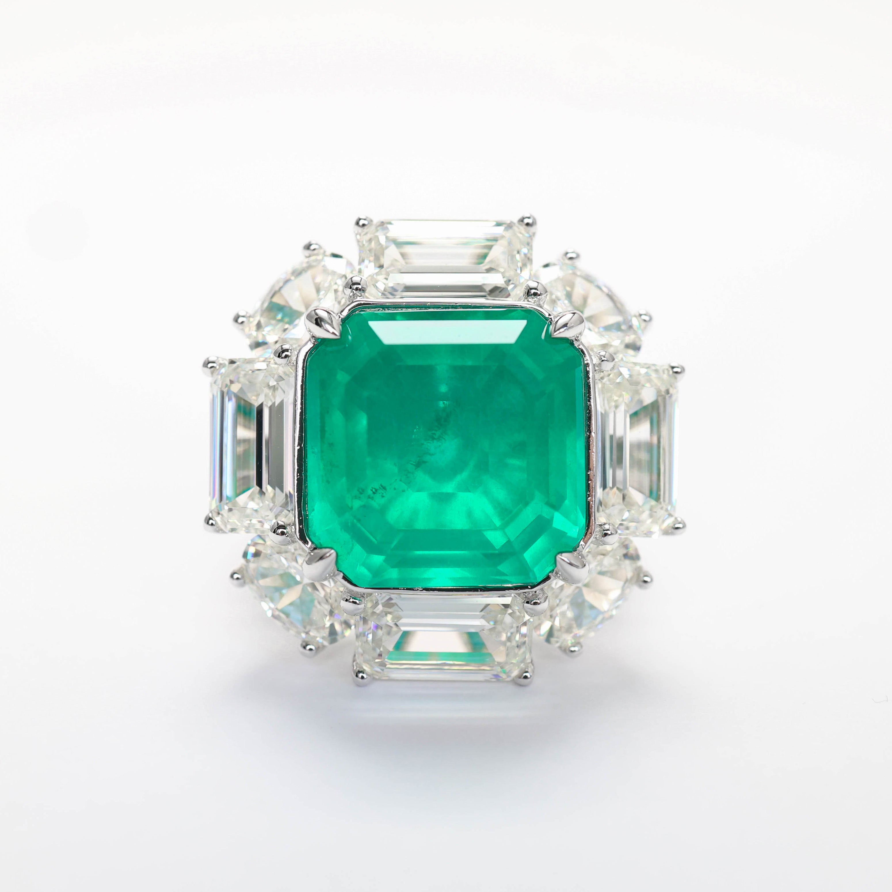 Micro-setting Emerald color Lab created stones big Square retro ring ...