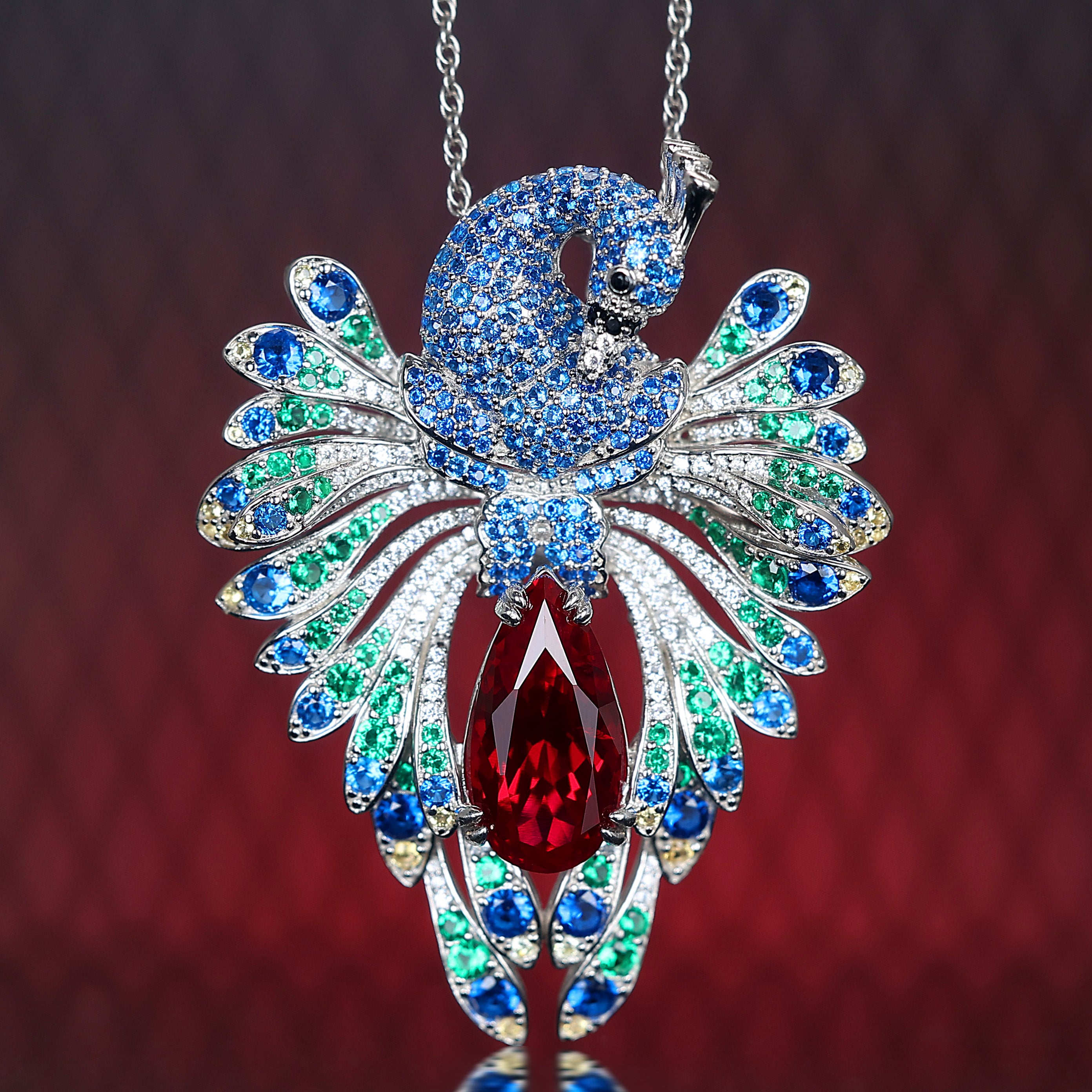 Micro-setting mixed color lab created stones detailed Peacock multi-pu ...