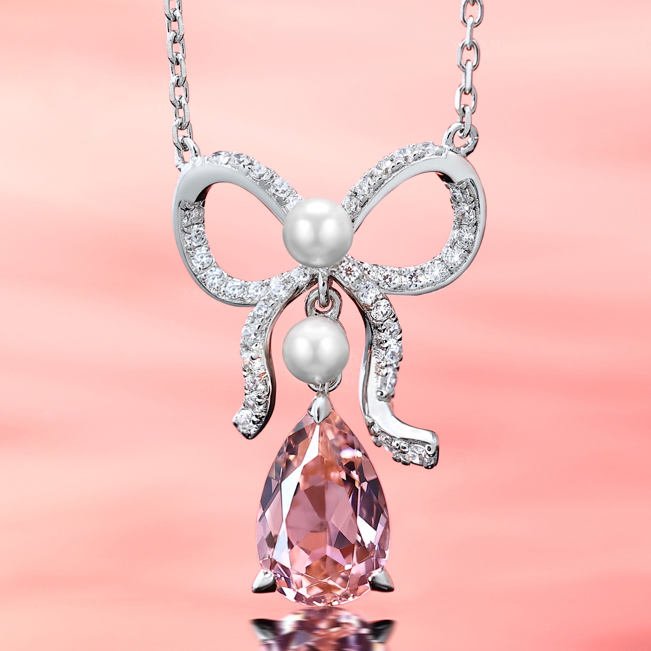 Micro-setting Pink morganite color Lab created stones White pearl neck ...